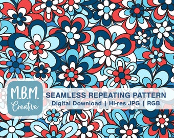 4th of July Red White and Blue Retro Flowers Seamless Repeating Pattern ...