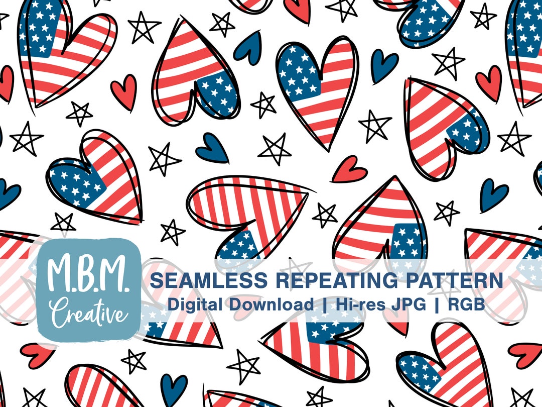 Patriotic Hearts on White Seamless Repeat Pattern Commercial Use, Stars ...