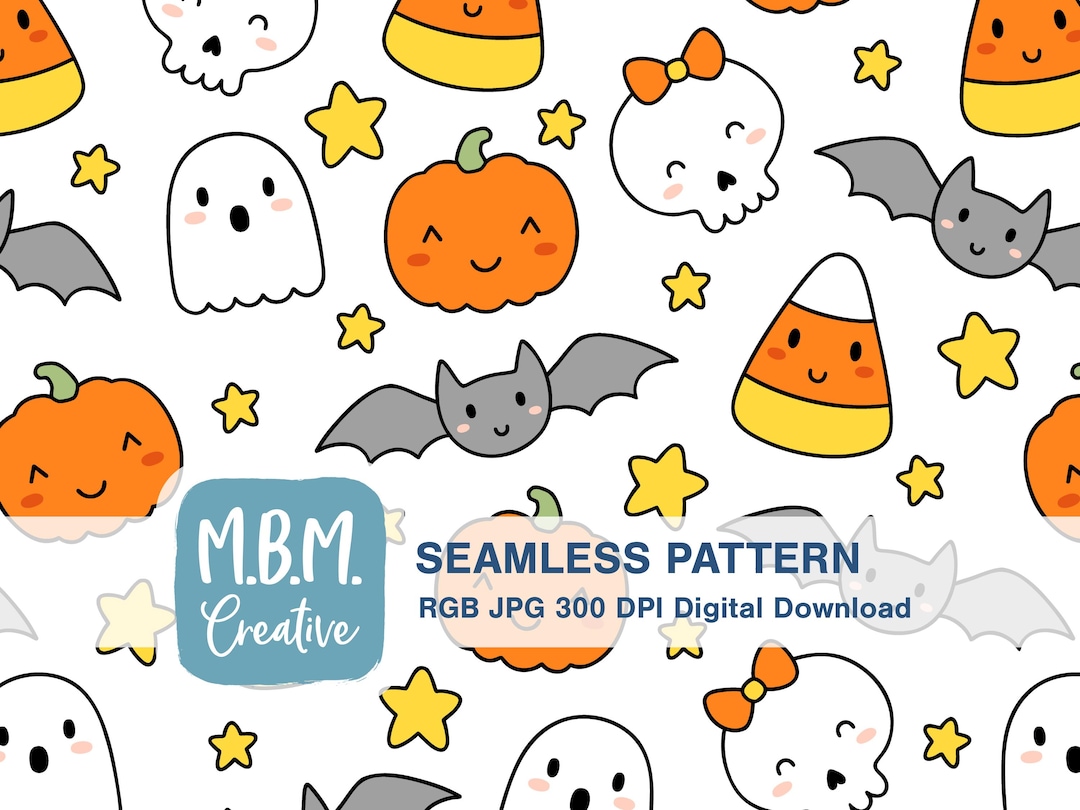Kawaii Halloween on White Seamless Repeat Pattern Commercial Use ...
