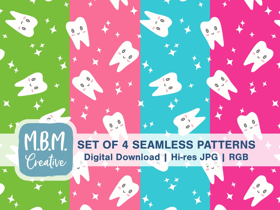 Sparkling Clean Kawaii Teeth Bundle: 4 Patterns in Bright Colors ...