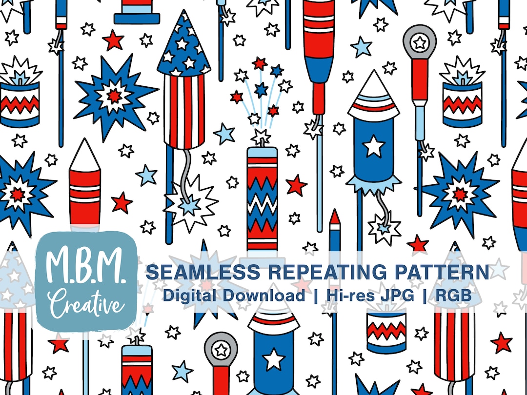 4th of July Fireworks on White Seamless Repeat Pattern Commercial Use ...