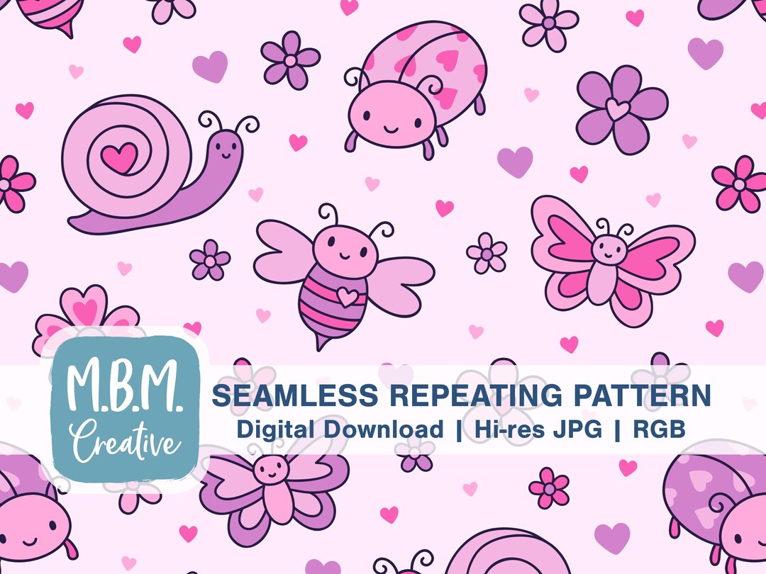 Love Bugs in Pink & Purple Seamless Repeat Pattern Commercial Use, Kids ...