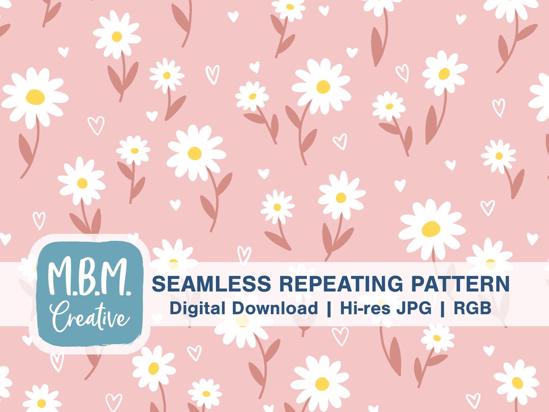 Daisies & Hearts on Dusty Pink Seamless Repeat Pattern for Commercial ...