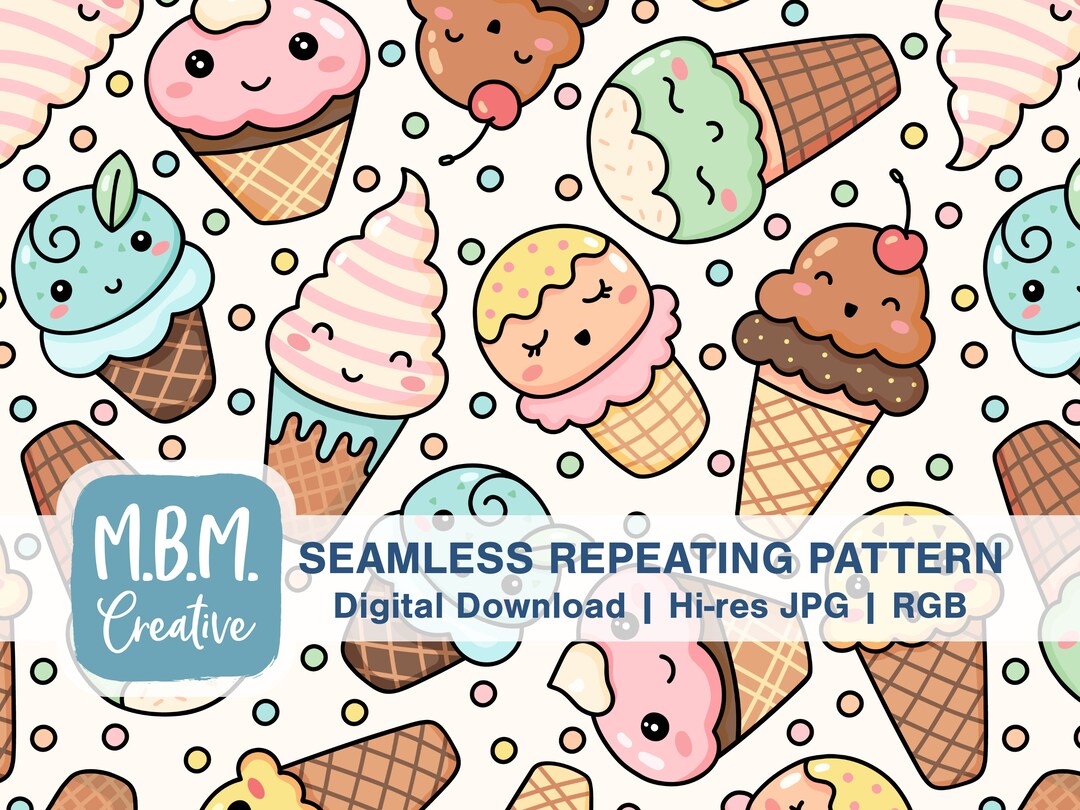 Cute Ice Creams on Light Cream Seamless Repeat Pattern Commercial Use ...
