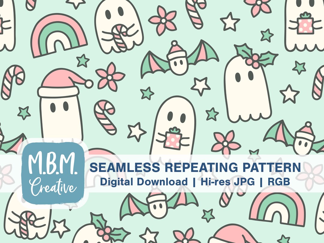 Christmas Ghosts in Mint & Pink Seamless Repeat Pattern Commercial Use ...