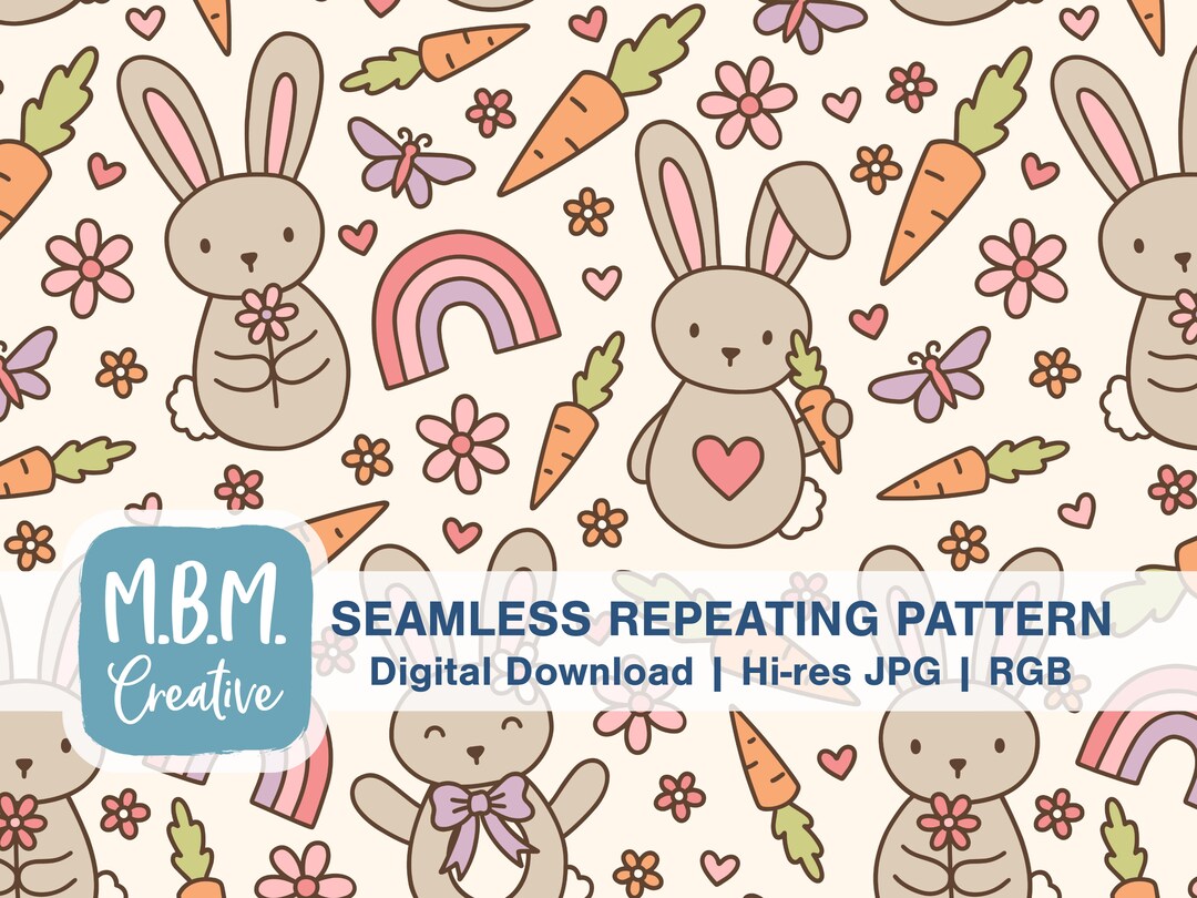 Cute Bunnies on Pale Cream Seamless Repeat Pattern for Commercial Use ...
