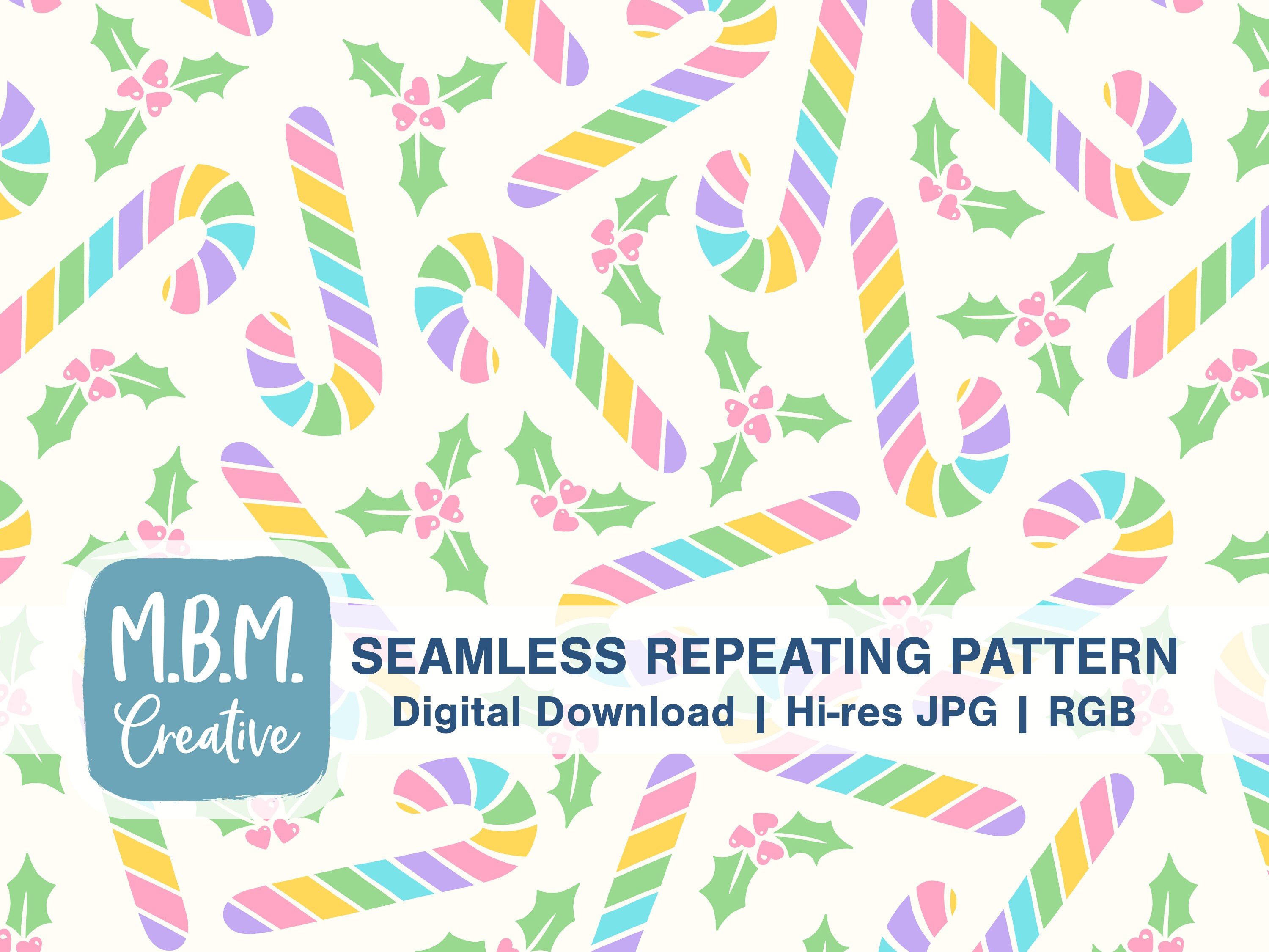 Pastel Rainbow Candy Canes & Heart Holly Seamless Repeat | Etsy