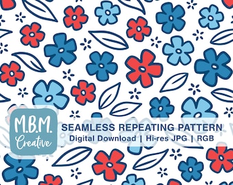 Red White and Blue Floral Burst Seamless Pattern, July 4th Flowers ...