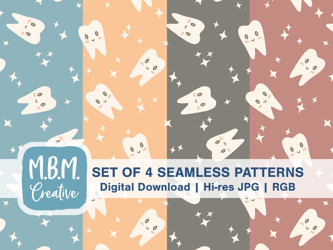 Sparkling Clean Kawaii Teeth Bundle: 4 Patterns in Boho Colors ...