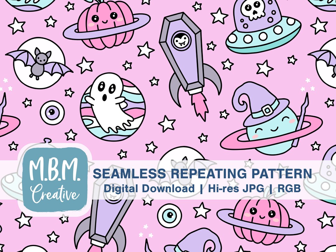Halloween in Outer Space on Pink Seamless Repeat Pattern Commercial Use ...