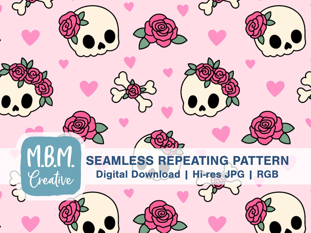 Skulls & Rose in Pinks Seamless Repeat Pattern Commercial Use, Creepy ...