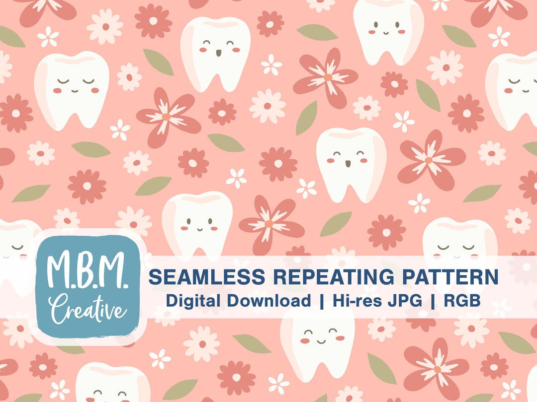 Cute Teeth & Flowers on Pink Seamless Repeat Pattern for Commercial Use ...