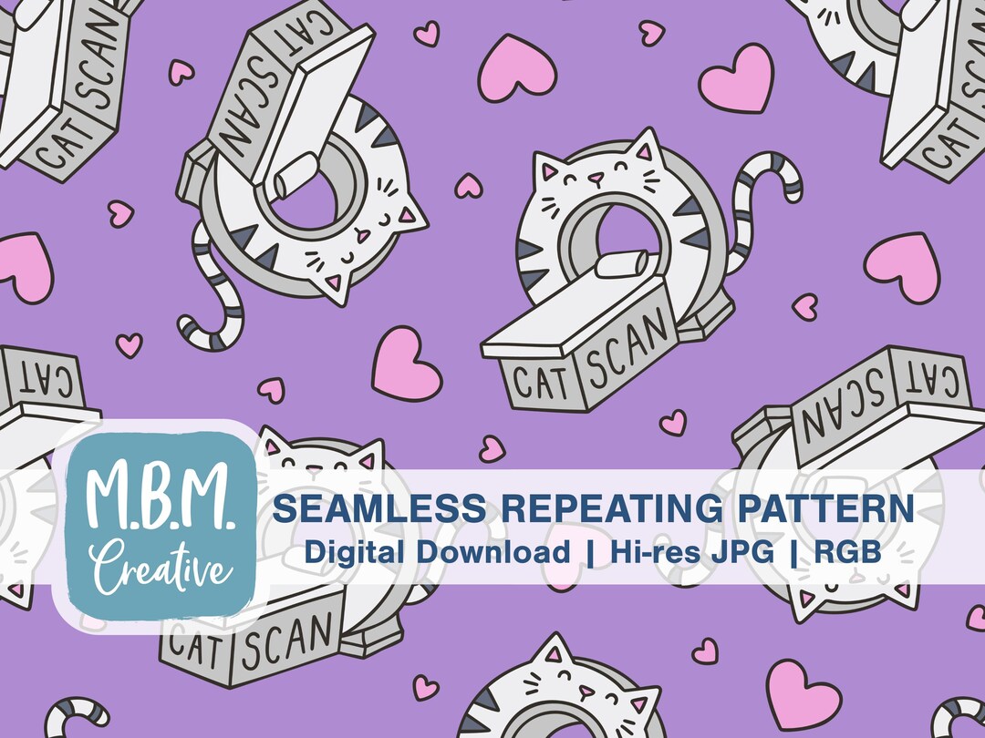 Kawaii Cat Scan on Purple Seamless Pattern Commercial Use, Cute ...