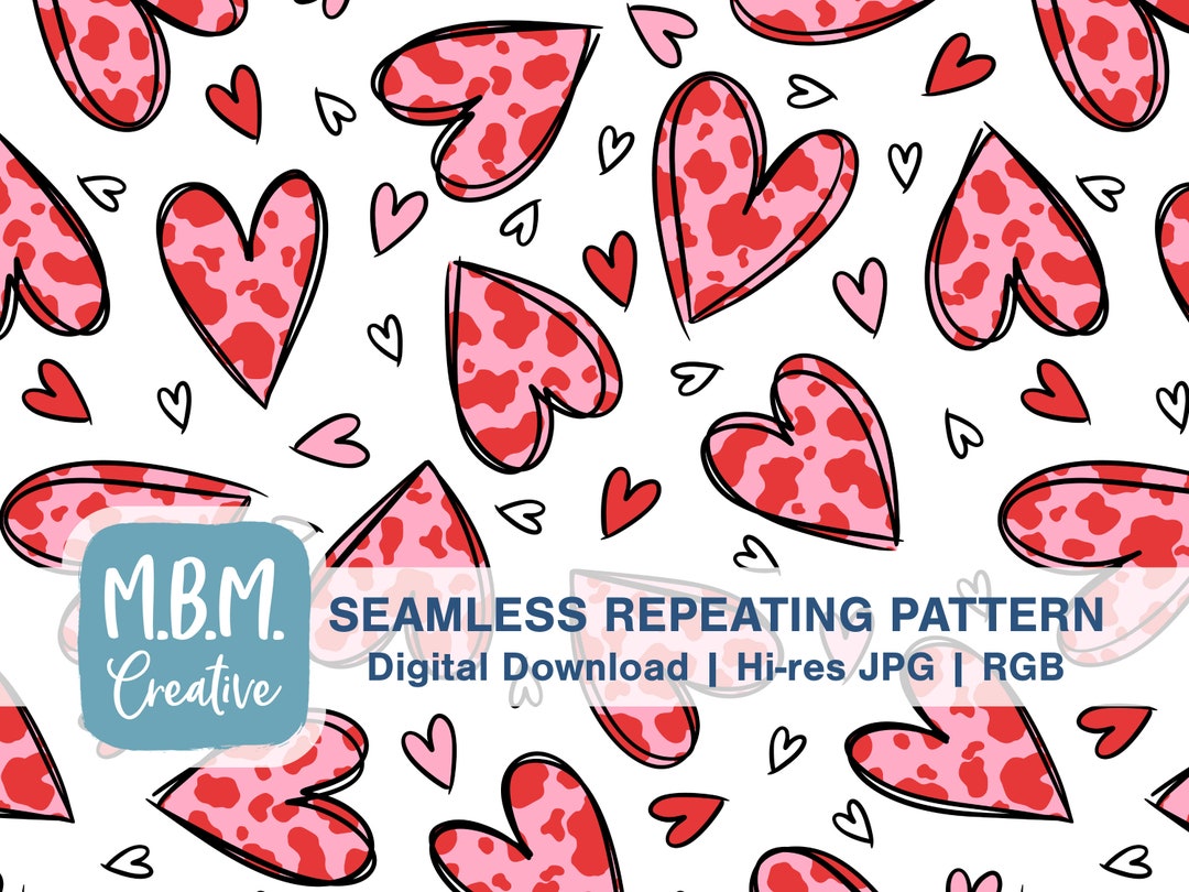 Cow Print Hearts: Red & Pink on White Seamless Pattern Commercial Use ...
