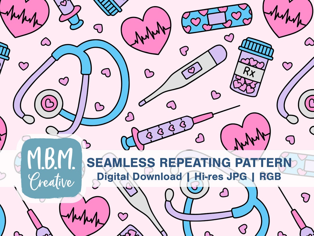 Nurse Love: Pink Purple & Blue Seamless Pattern Commercial Use, Cute ...