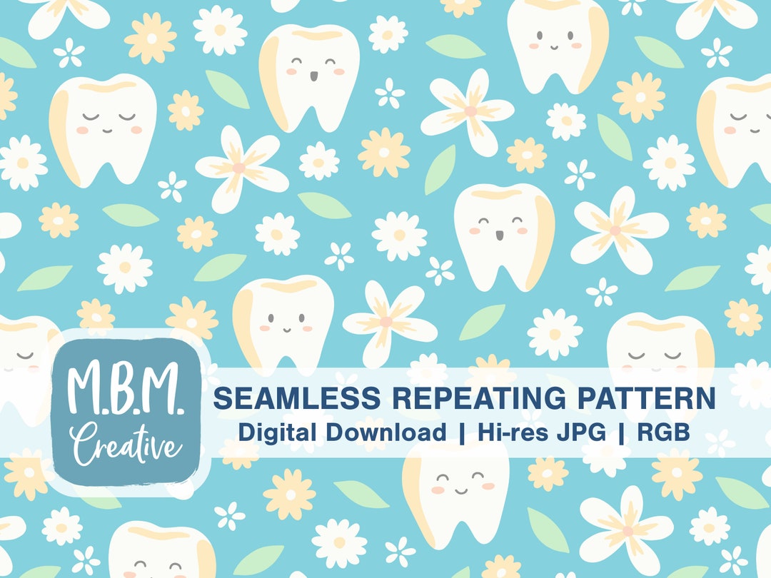 Cute Teeth & Flowers on Blue Seamless Repeat Pattern for Commercial Use ...