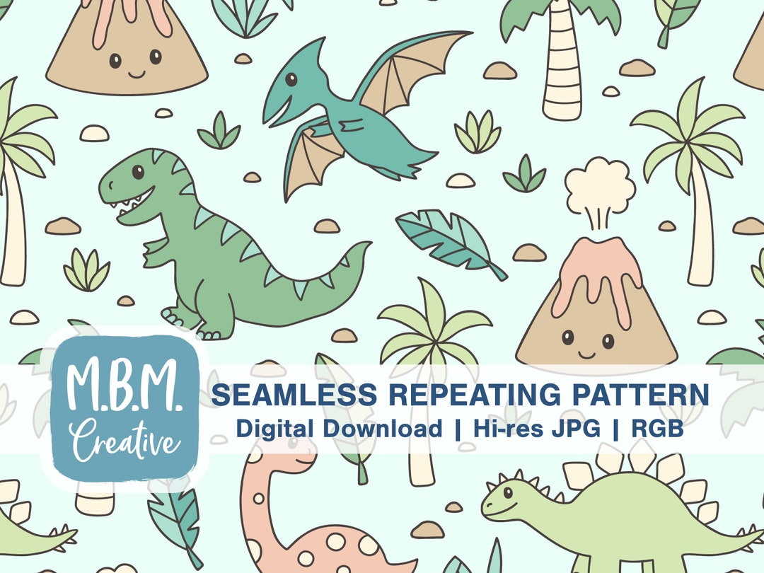Kawaii Dinos on Aqua Seamless Repeat Pattern Commercial Use, Cute Kids ...