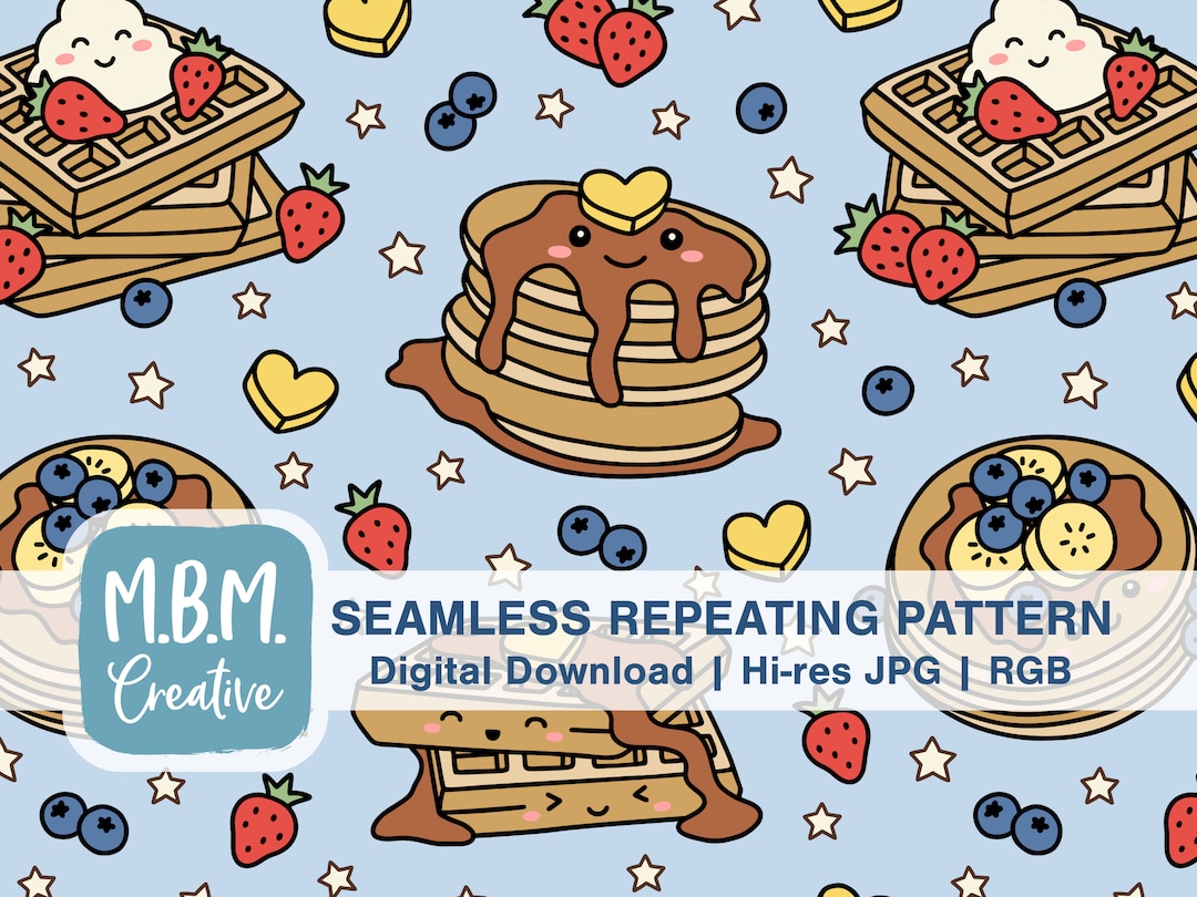 Kawaii Pancakes, Waffles & Stars on Blue Seamless Repeat Pattern ...