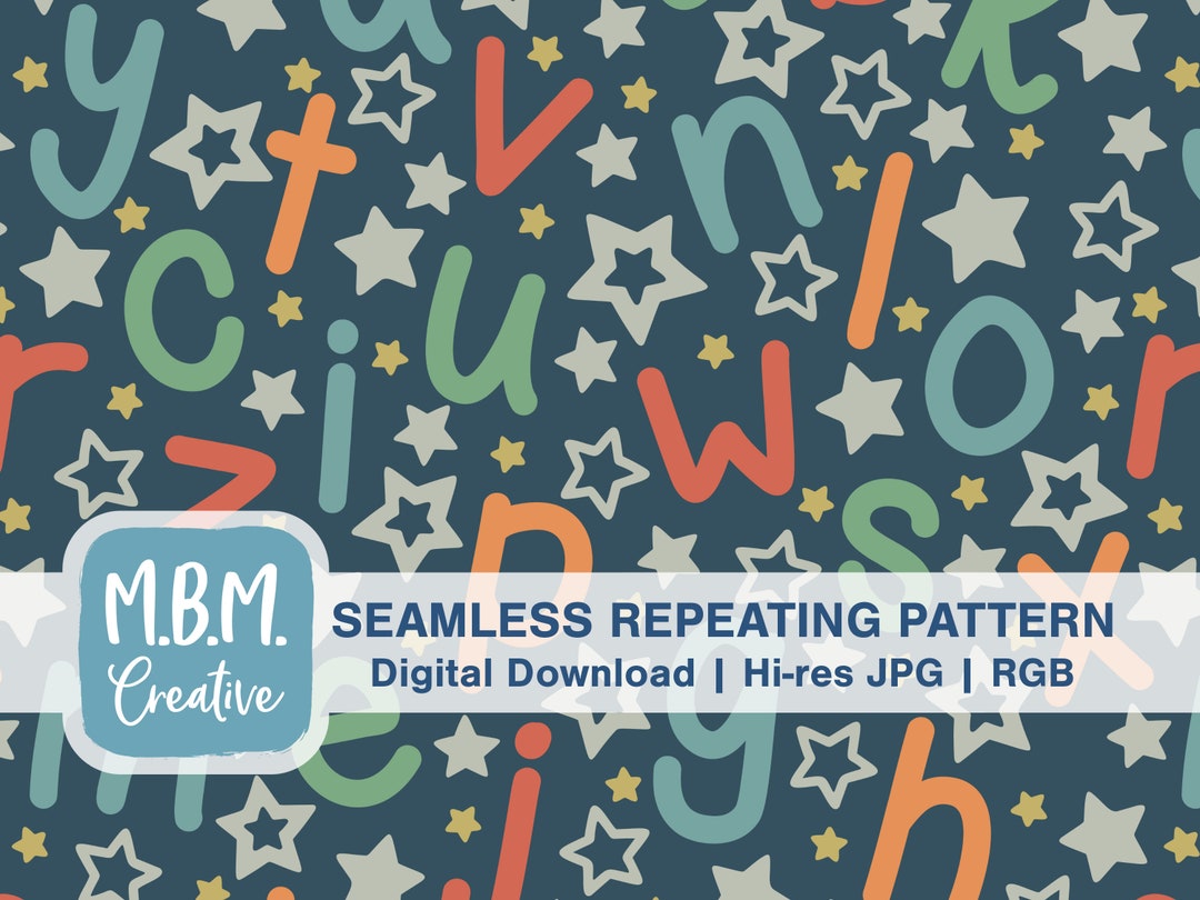 Alphabet and Stars on Dark Blue Seamless Repeat Pattern for Commercial ...