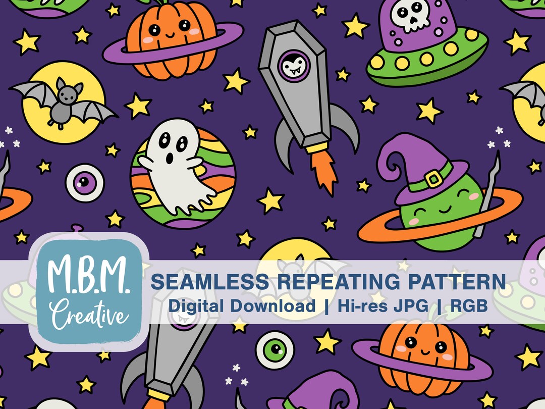 Halloween in Outer Space on Purple Seamless Repeat Pattern Commercial ...
