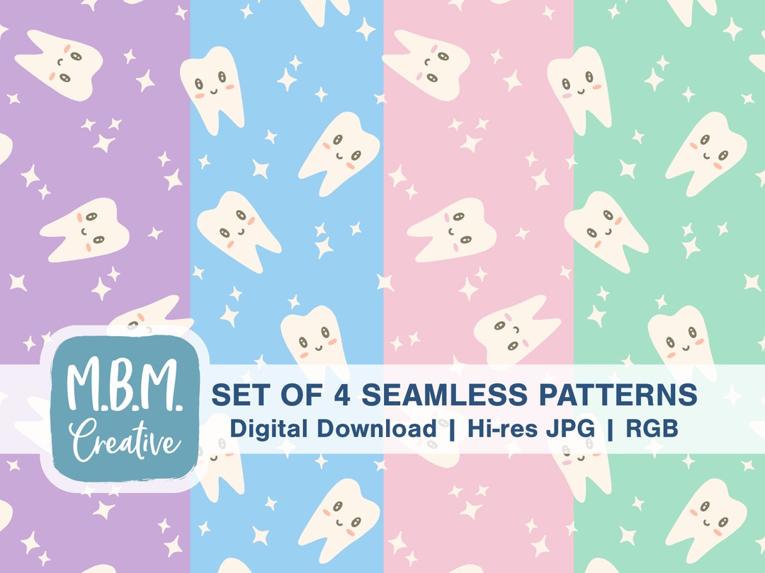 Sparkling Clean Kawaii Teeth Bundle: 4 Patterns in Pastel Colors ...