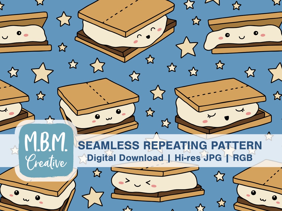 Kawaii S'mores on Medium Blue Seamless Repeat Pattern Commercial Use ...