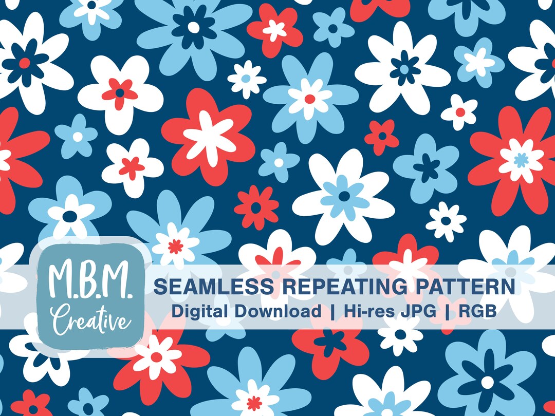 Retro Florals in Red White & Blue Seamless Repeat Pattern for ...