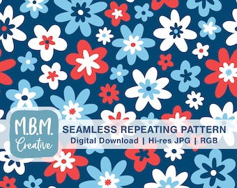 Red White Blue Retro Flower Pattern – 4th of July Seamless Design ...
