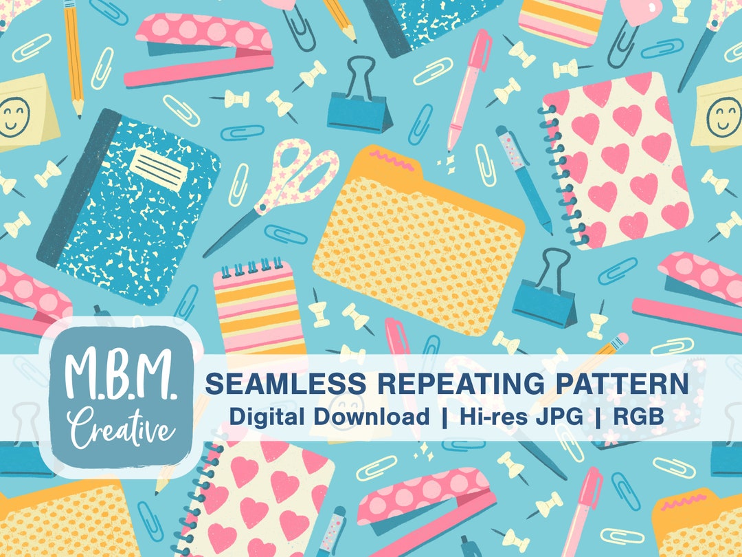 Cute School Supplies on Teal Seamless Repeat Pattern for Commercial Use ...