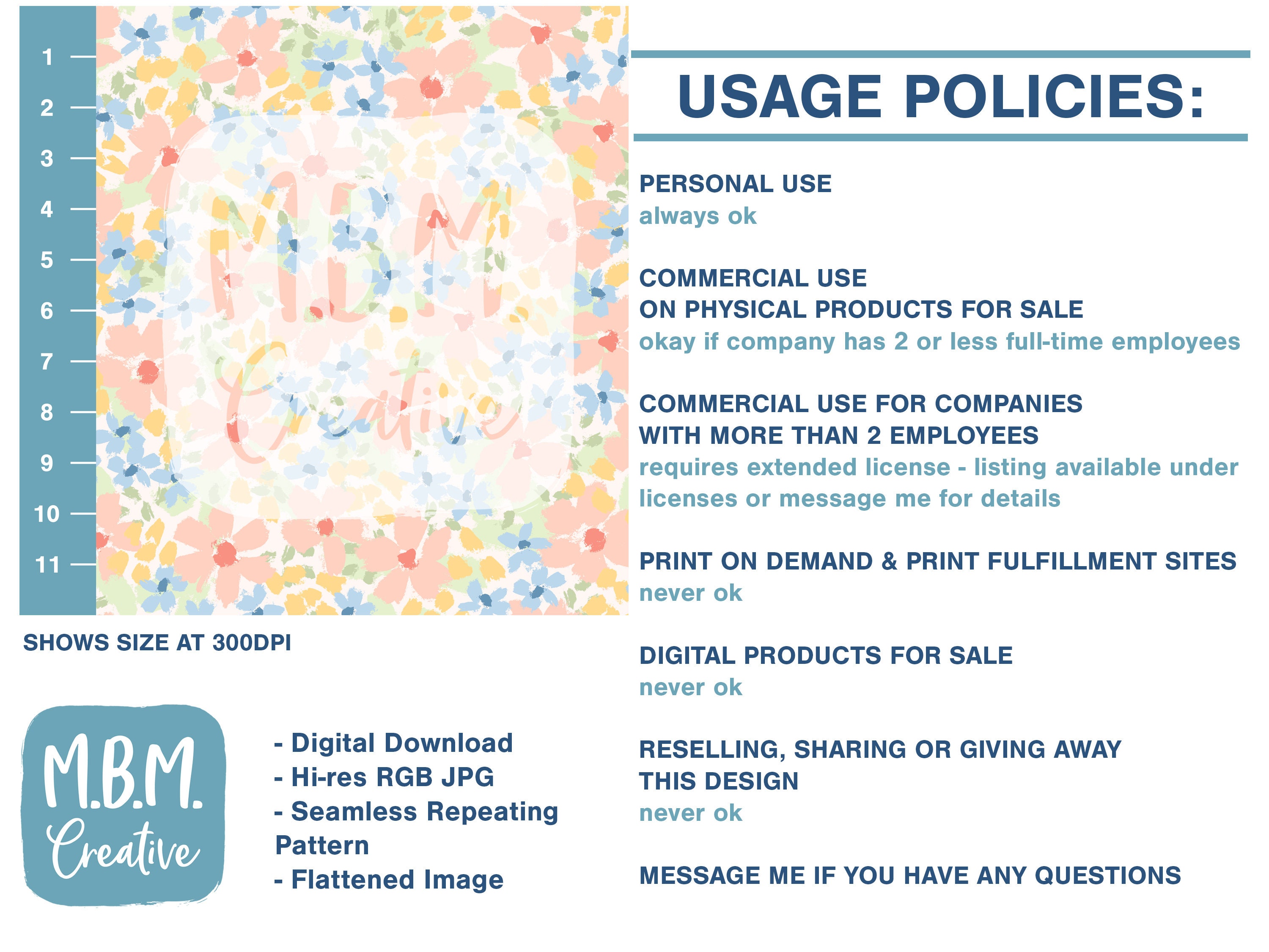Inky Spring Floral: Peach & Blue Seamless Repeat Pattern for Commercial ...