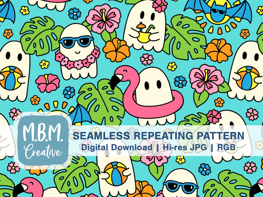 Summer Ghosts on Aqua Seamless Repeat Pattern Commercial Use, Spooky ...
