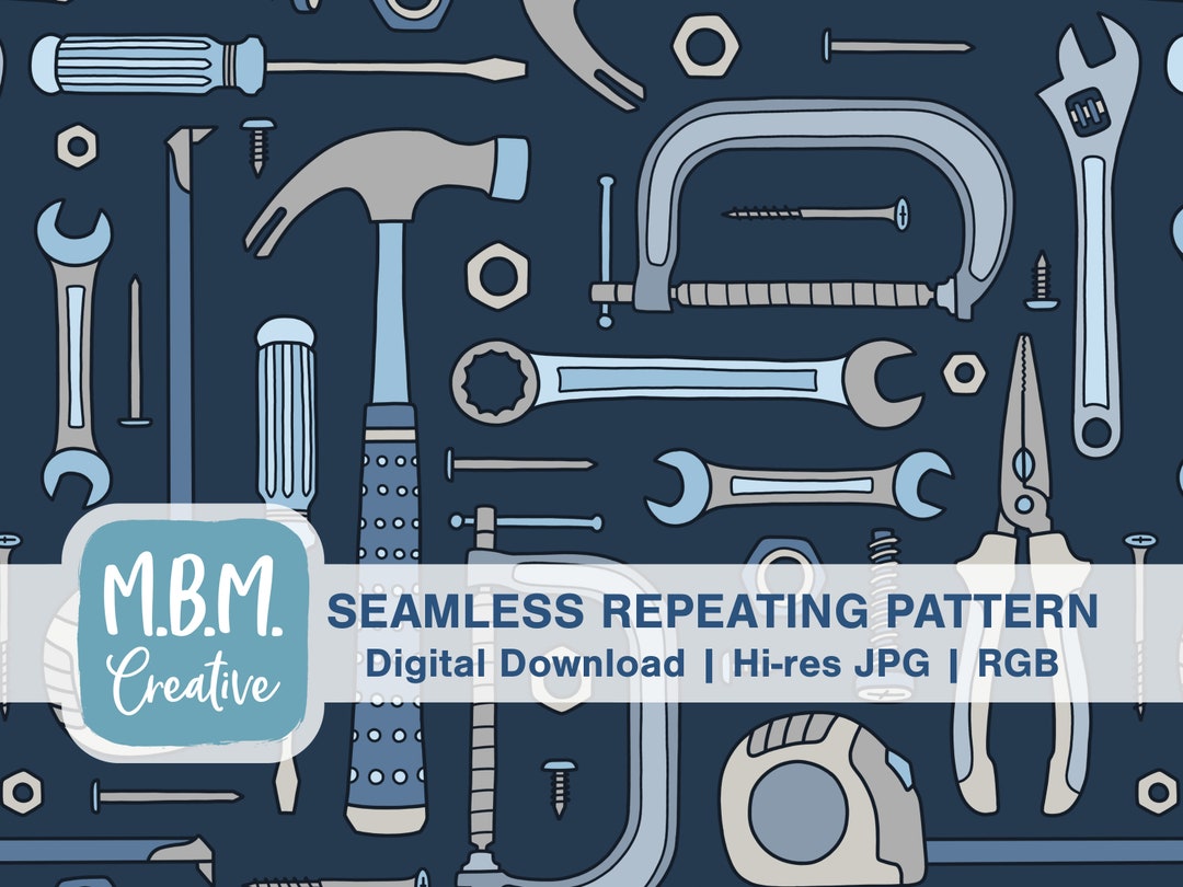 Hand Tools in Blue & Gray on Navy Seamless Repeat Pattern for ...