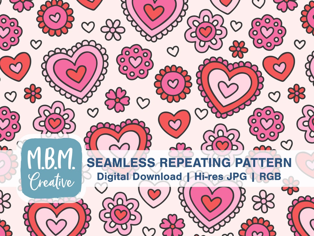Doodle Hearts in Red & Pink Seamless Repeat Pattern Commercial Use ...
