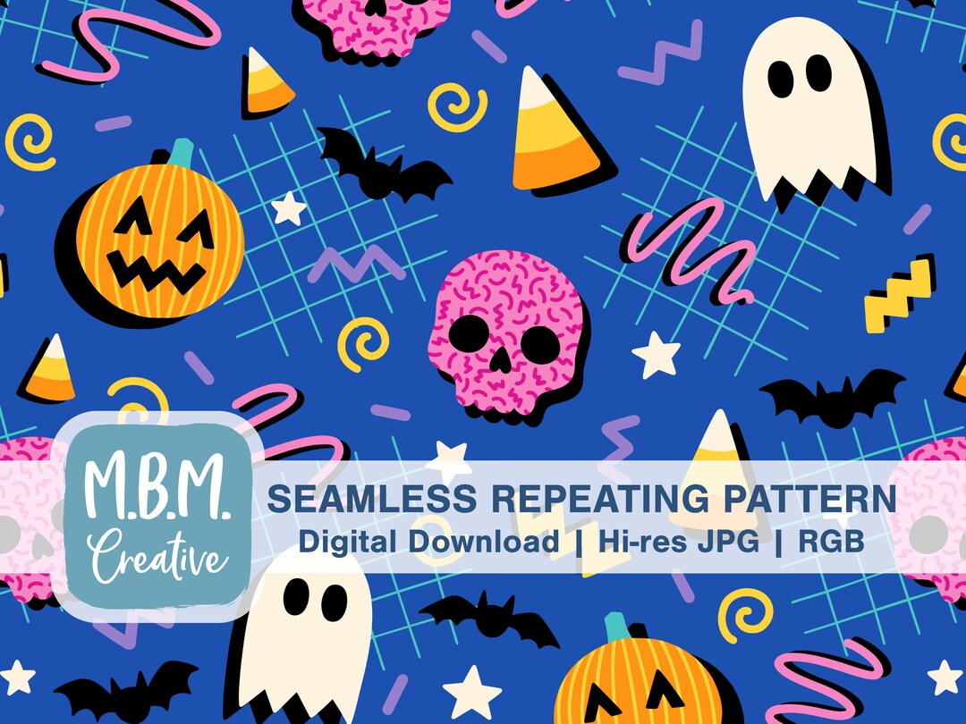 90s Halloween on Blue Seamless Repeat Pattern Commercial Use, Creepy ...