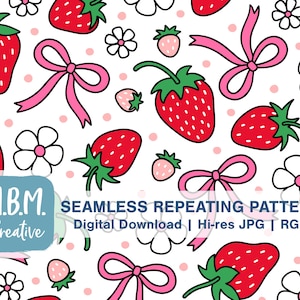 Strawberries & Bows on White Repeat Pattern Commercial Use, Cute Girly ...