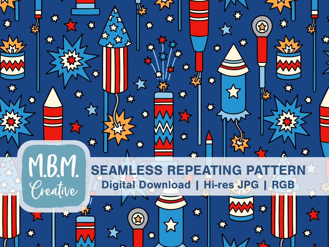 4th of July Fireworks on Dark Blue Seamless Repeat Pattern Commercial ...
