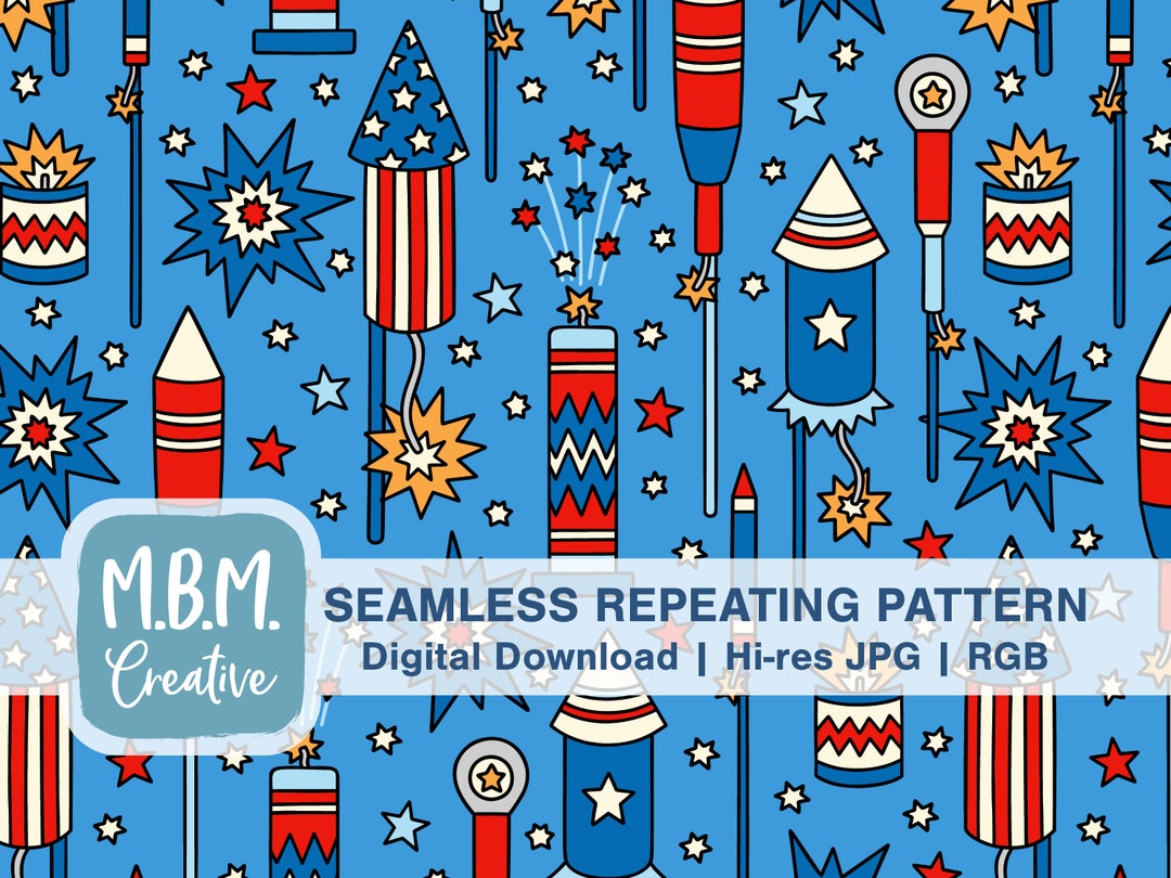 4th of July Fireworks on Medium Blue Seamless Repeat Pattern Commercial ...