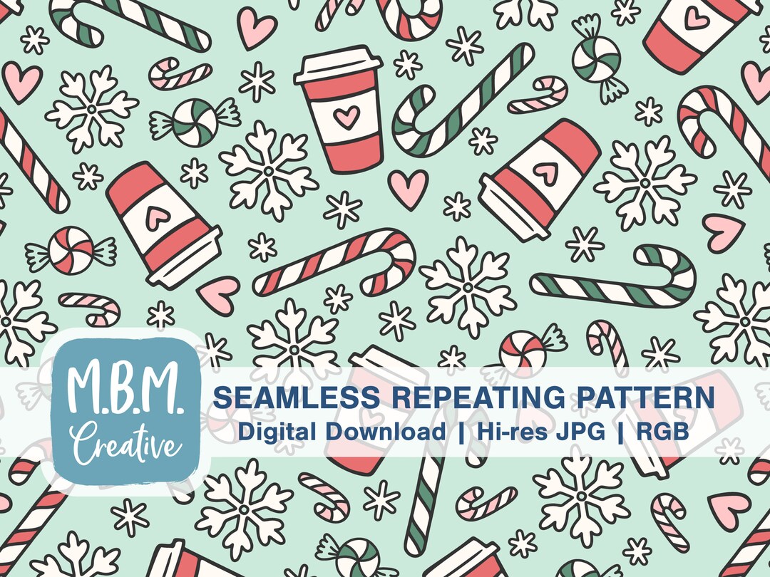 Coffee Peppermint Hearts & Snowflakes on Mint Seamless Repeat Pattern ...