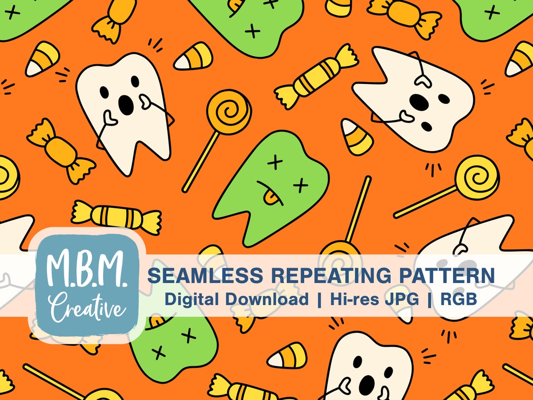 A Tooth's Nightmare Seamless Repeat Pattern on Orange, Spooky Teeth ...