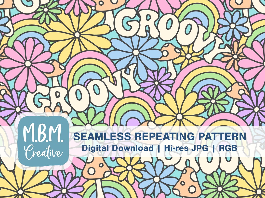 Groovy Daisies, Rainbows and Mushrooms: Pastel Colors Seamless Repeat ...