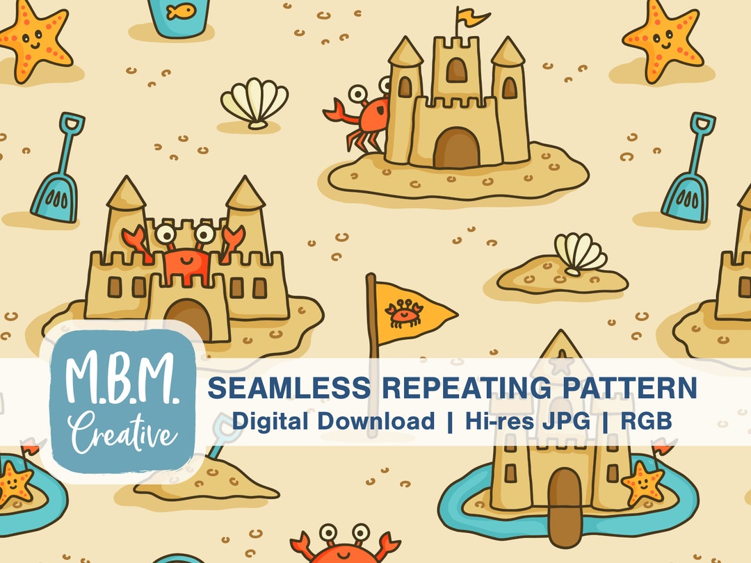 Sandcastles on Tan Seamless Repeat Pattern Commercial Use, Summer Beach ...