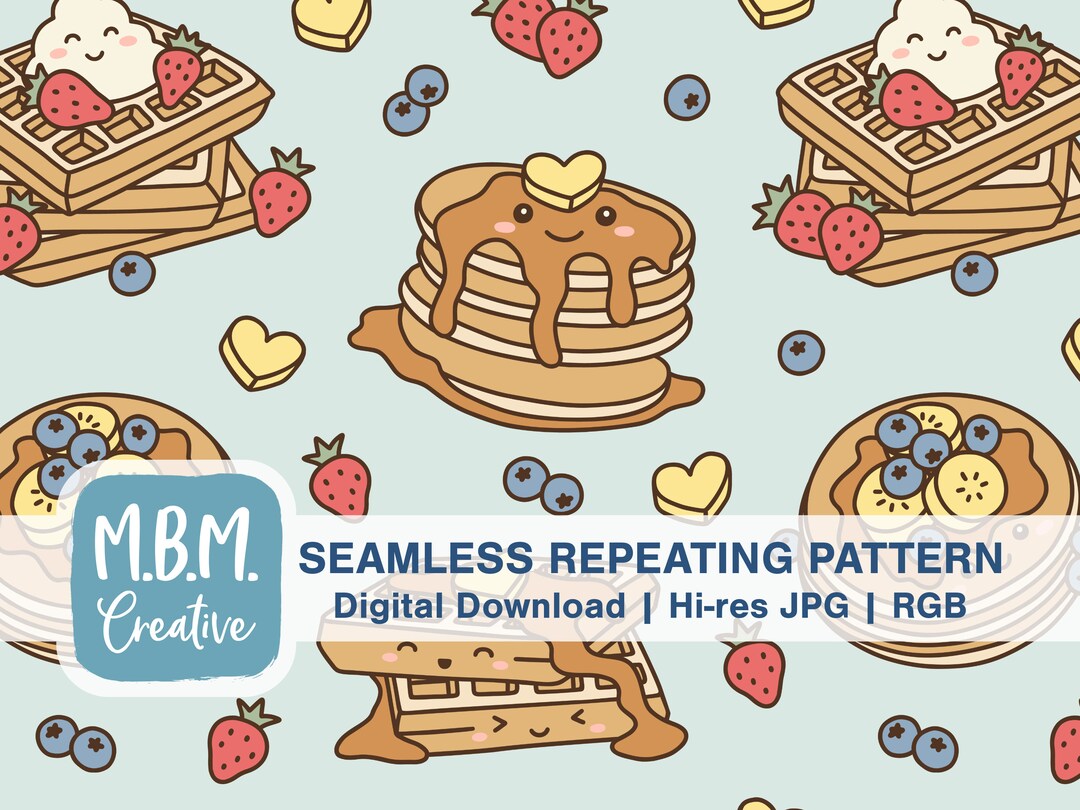 Kawaii Pancakes & Waffles on Muted Teal Seamless Repeat Pattern ...