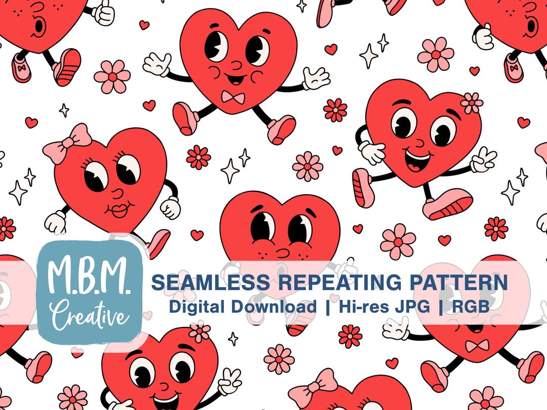 Retro Cartoon Heart on White Seamless Pattern Commercial Use, Cute ...