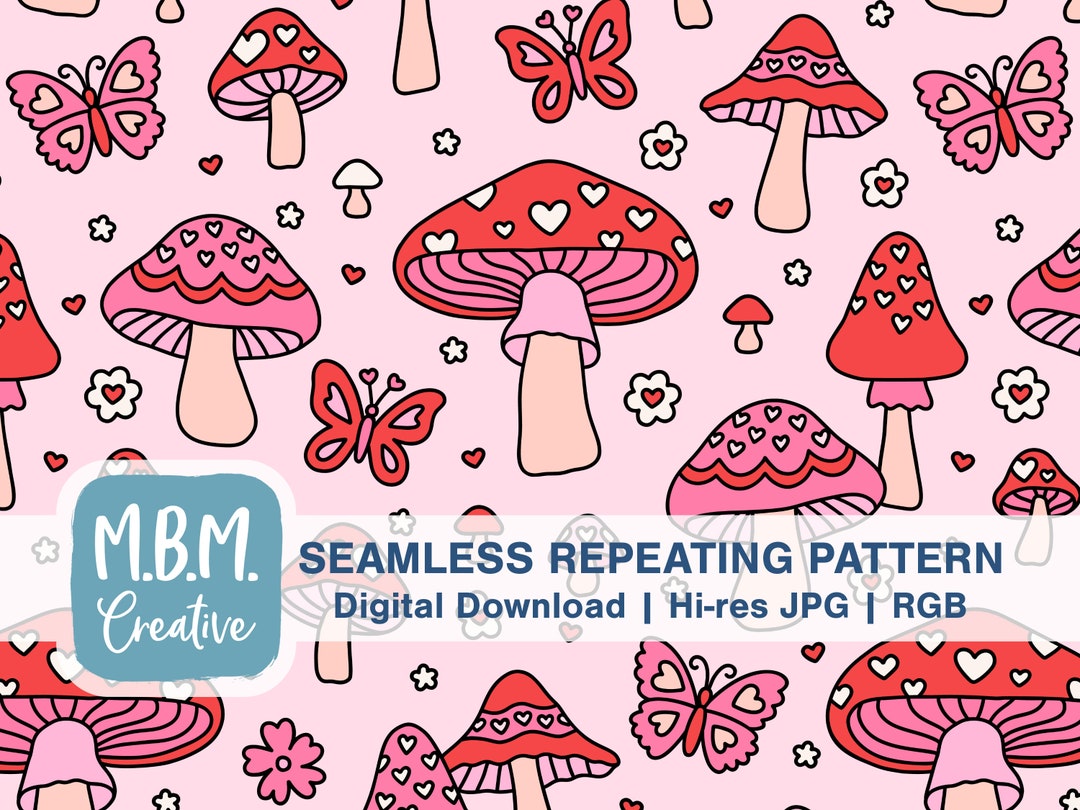 Heart Mushrooms on Pink Seamless Pattern Commercial Use, Cute ...