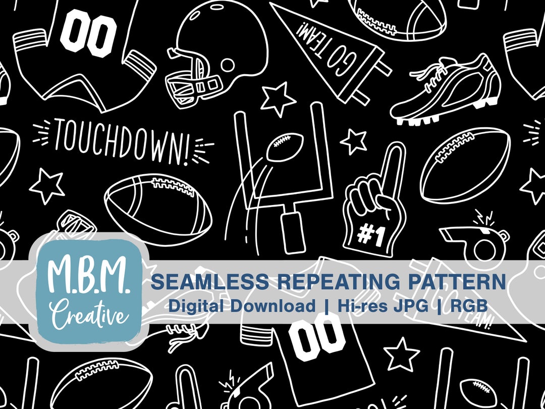 Football Line Art White Outlines on Black Seamless Repeat Pattern ...