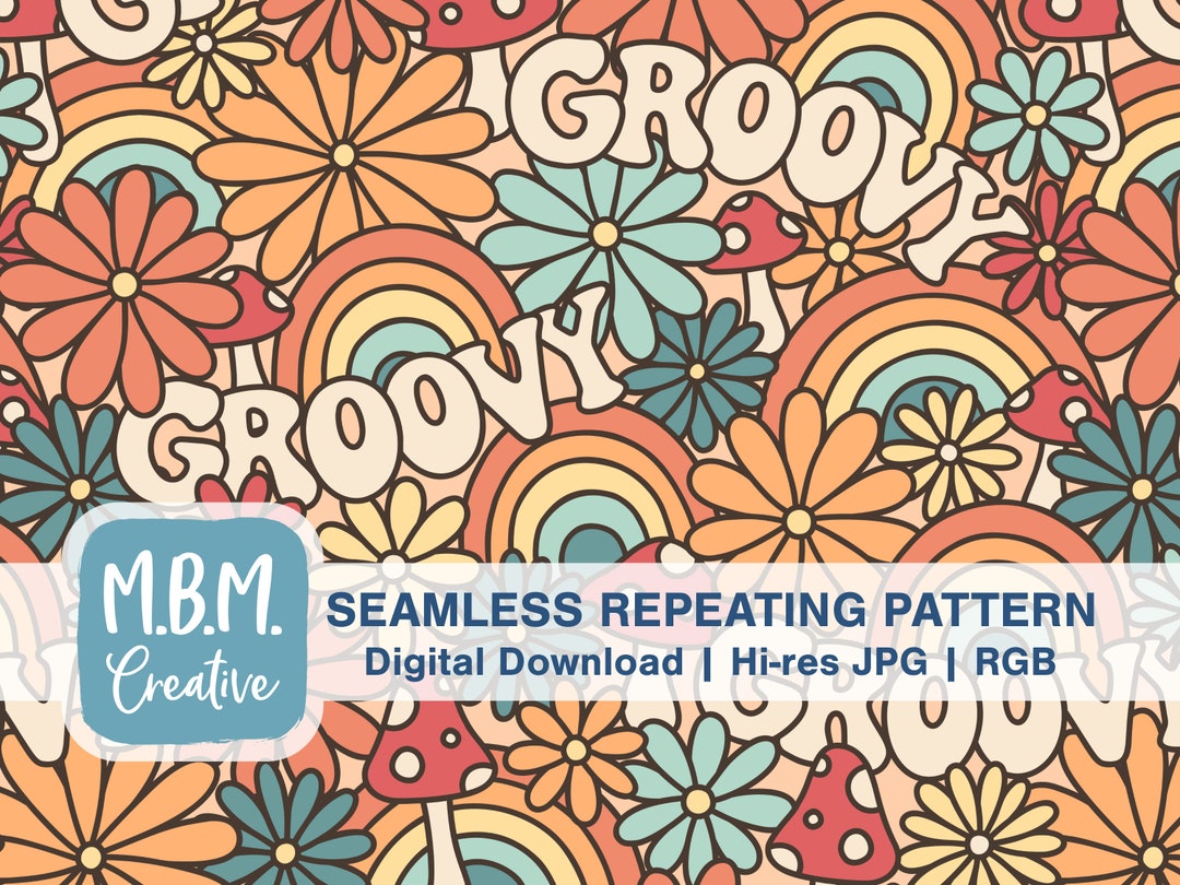 Groovy Daisies, Rainbows and Mushrooms: Orange & Teal Seamless Repeat ...