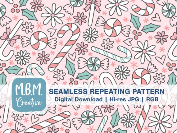 Candy Cane Floral in Pastels Seamless Repeat Pattern for | Etsy