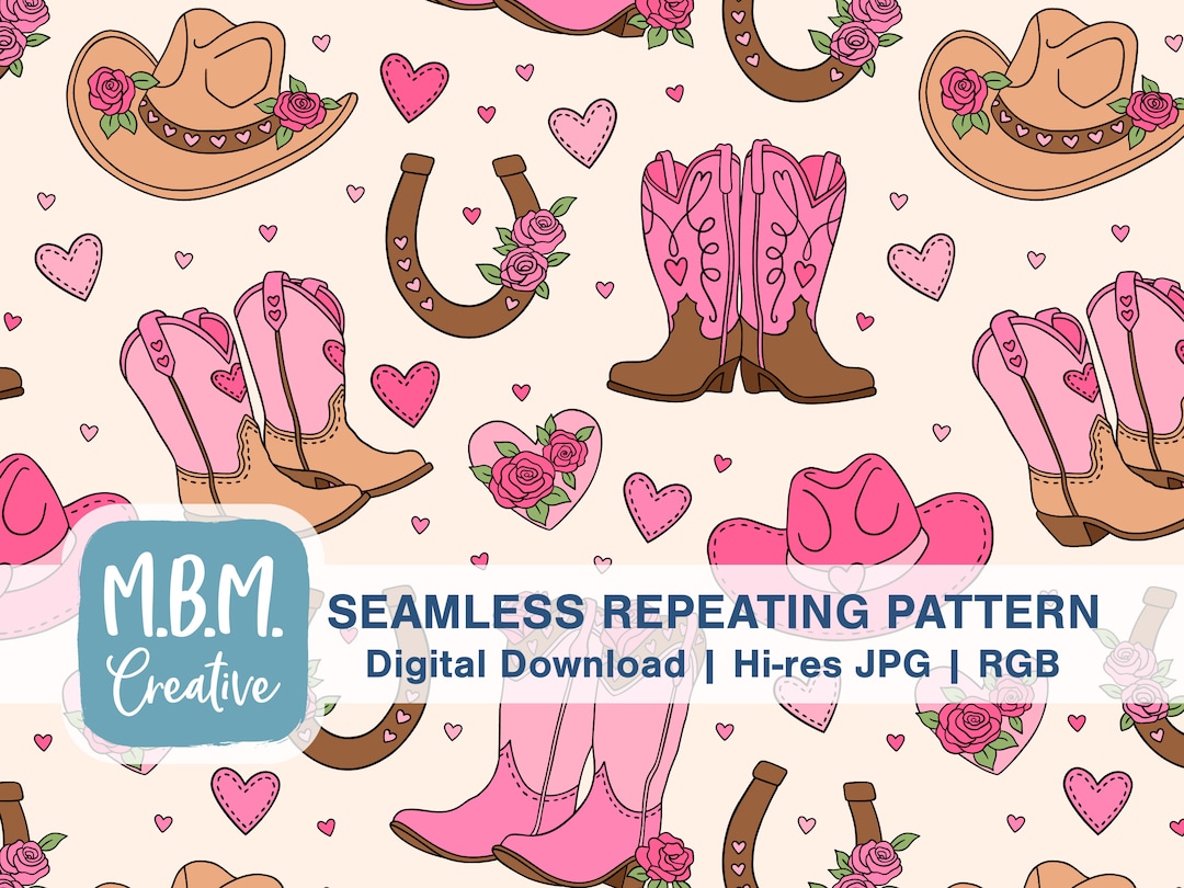 Cowgirl Valentines: Pink on Cream Seamless Pattern Commercial Use, Pink ...