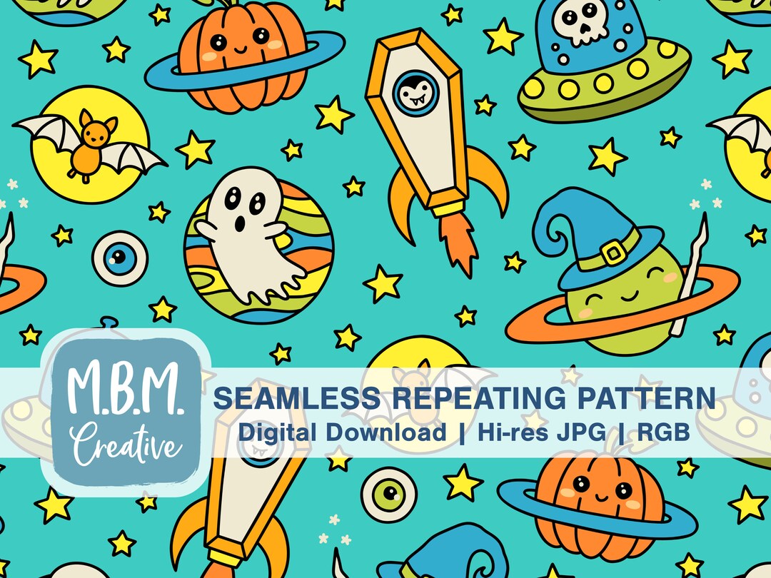 Halloween in Outer Space on Aqua Seamless Repeat Pattern Commercial Use ...