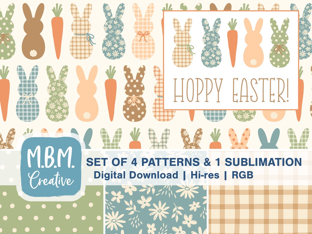 Country Bunnies on Cream Set of 4 Coordinating Seamless Repeat Patterns ...